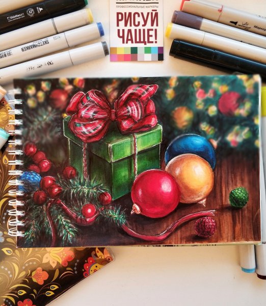 Новогодние рисунки маркерами пошагово (50 фото)